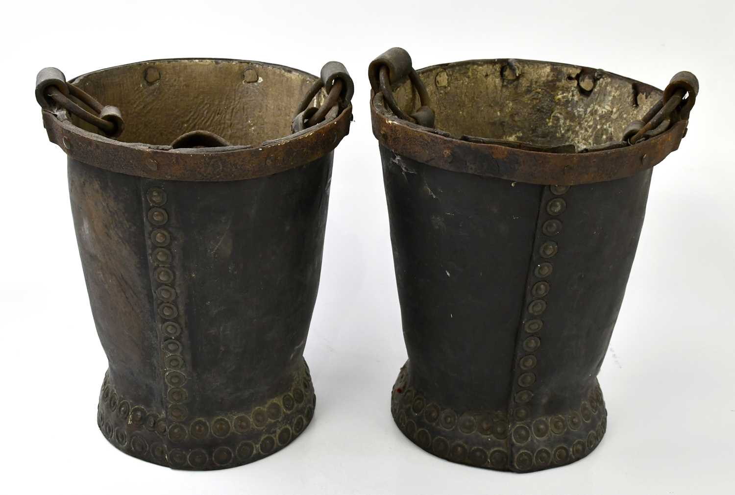 Lot 2403 - A pair of leather fire buckets, with brass