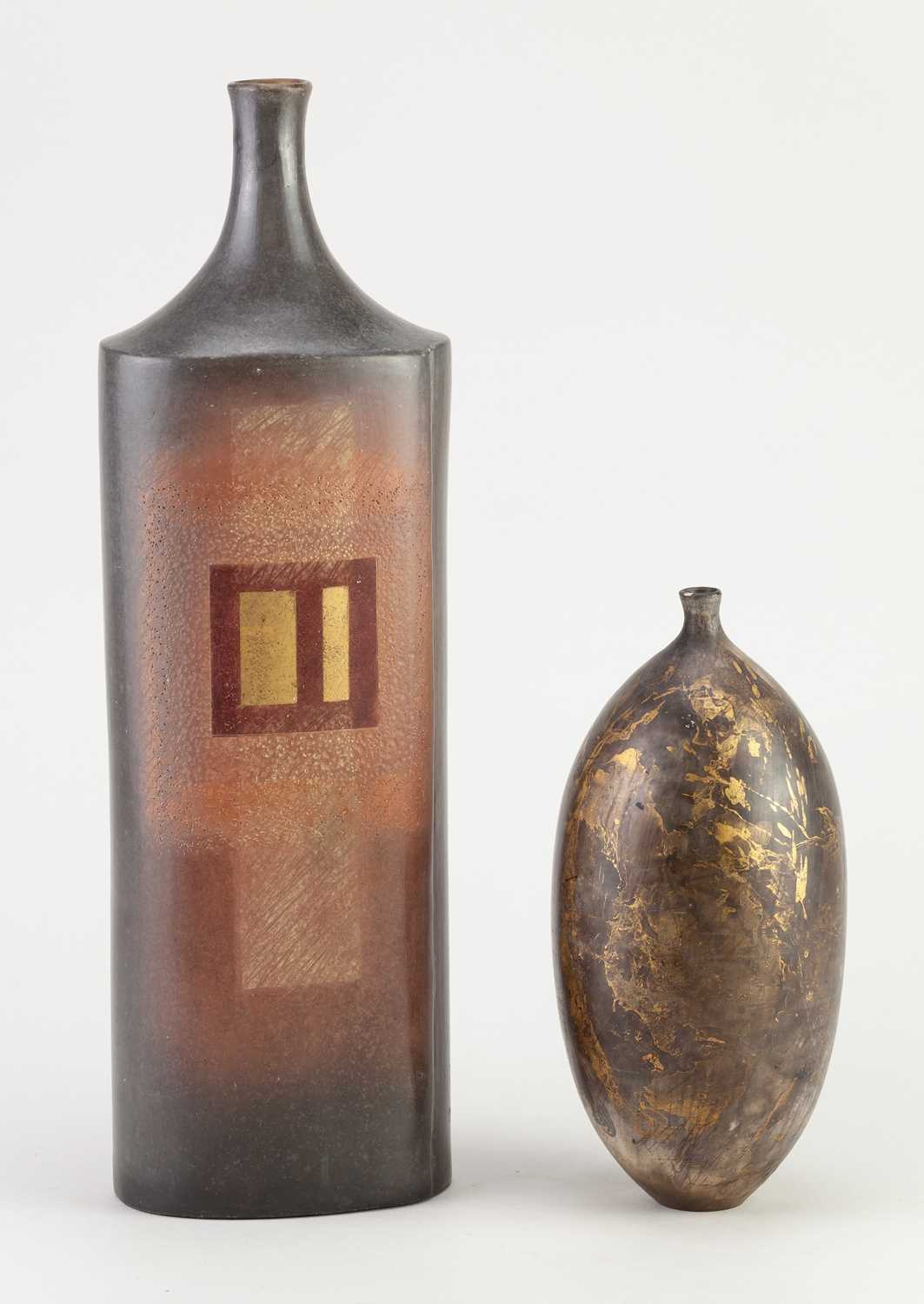 Lot 99 - ANNE JAMES (born 1937); a tall raku bottle