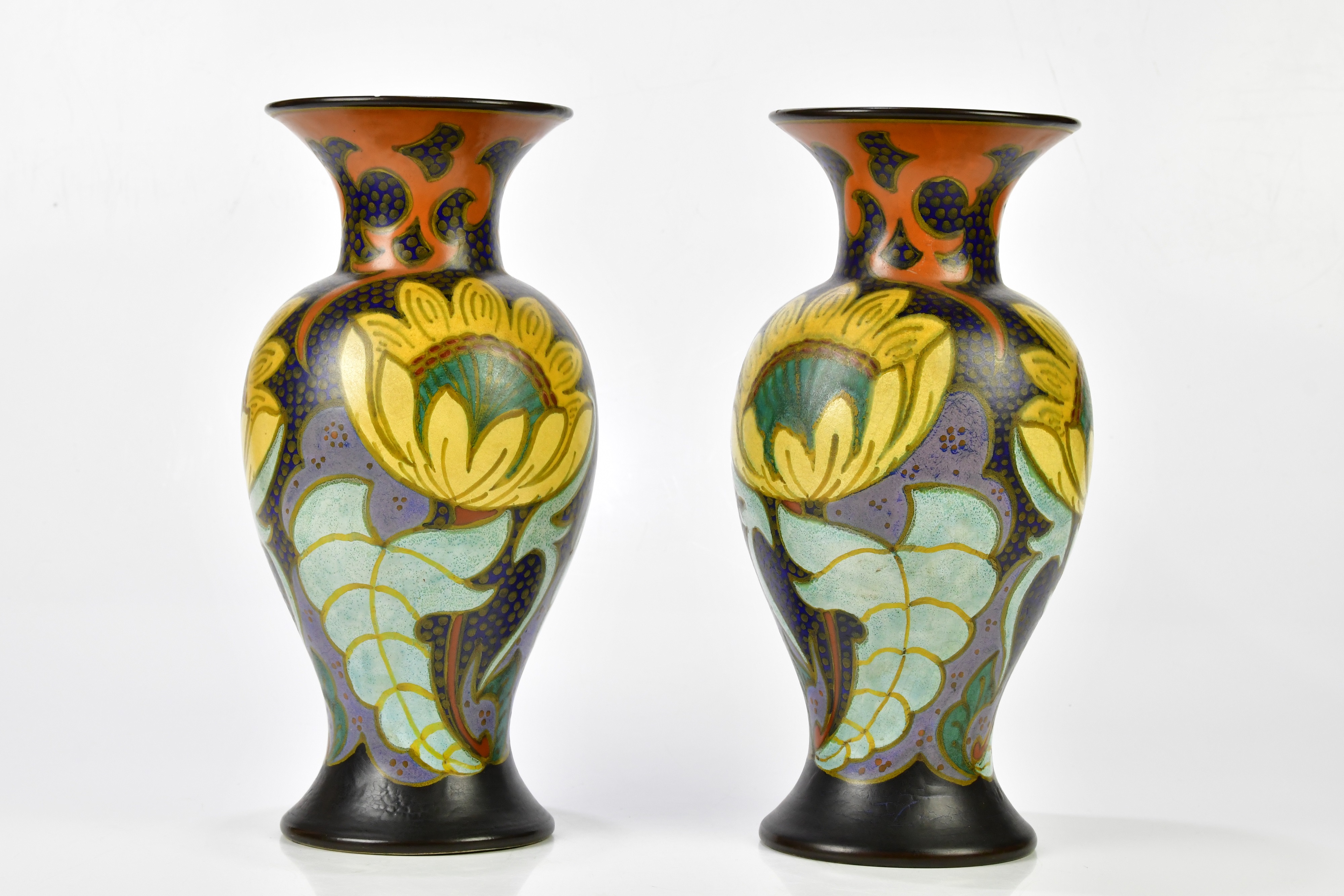 Lot 2120 - A pair of Qikan Gouda Art Pottery vases,