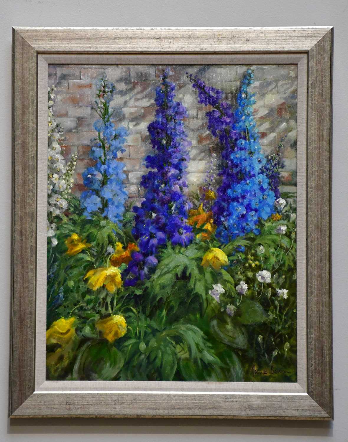 Lot 375 - JUNE BEVAN; oil on canvas, 'Delphiniums in