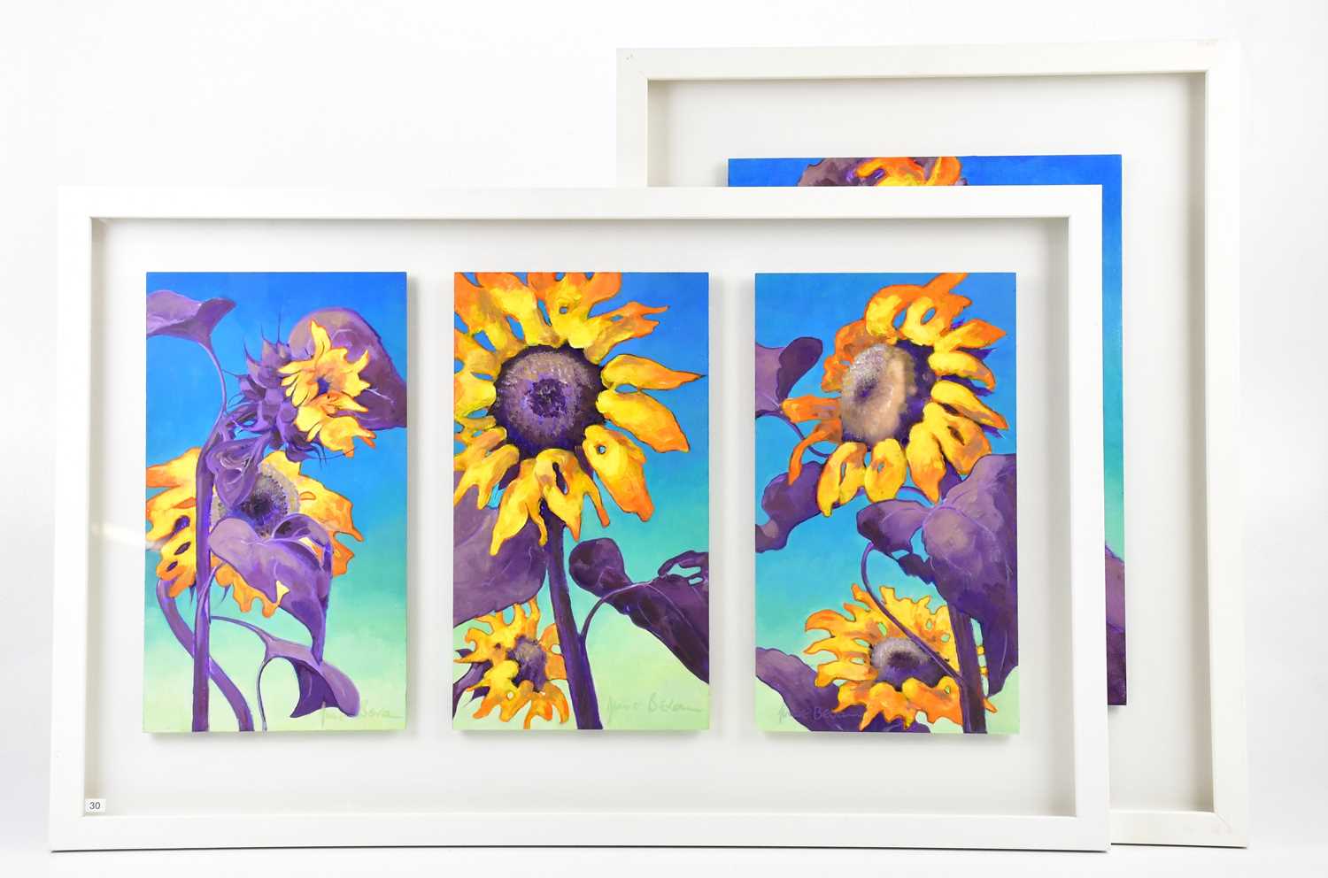 Lot 391 - JUNE BEVAN; oil on board, 'Triple Sunflowers'